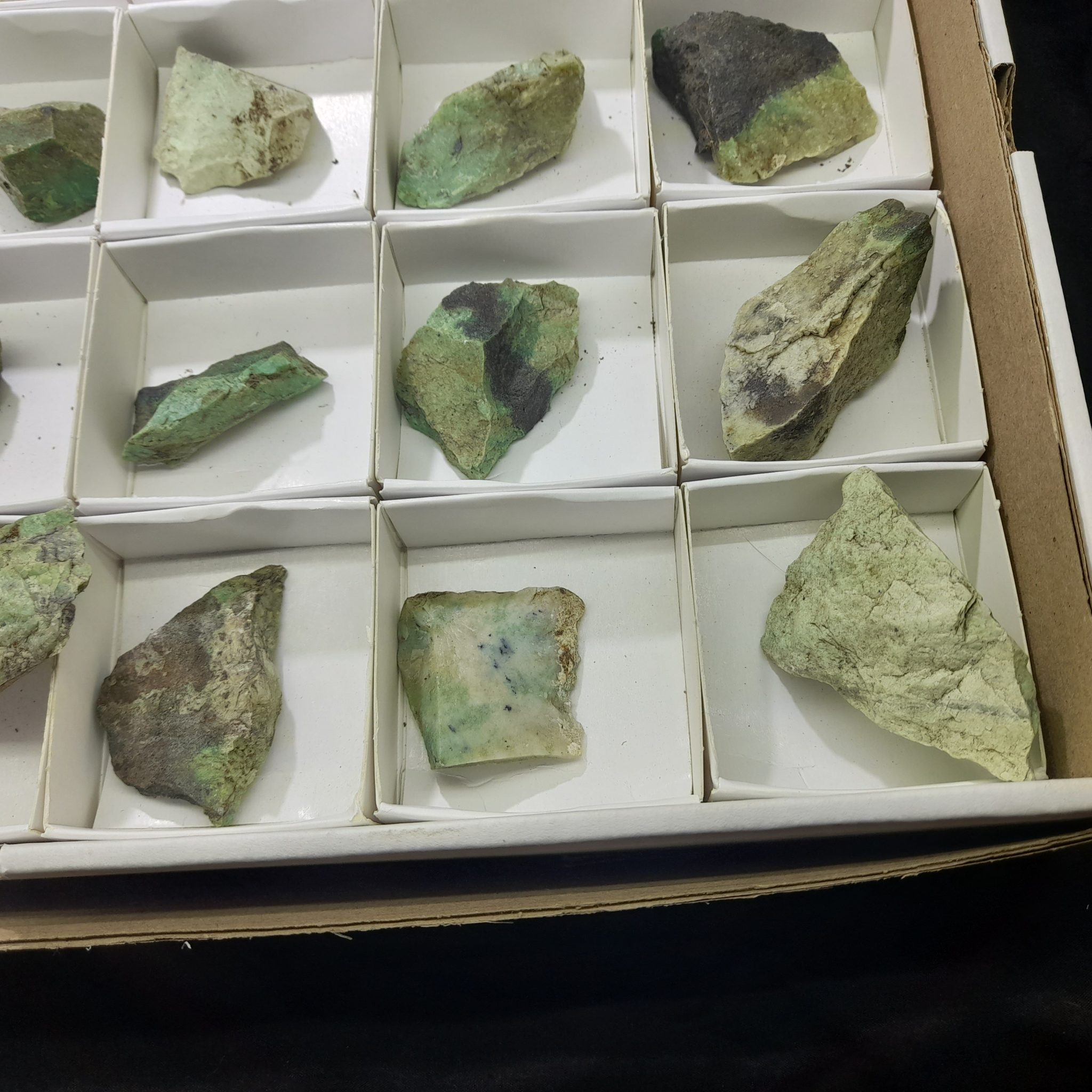 (WM03734) One Box Of 24 Transvaal Jade Mineral Specimens – AMAZONITE